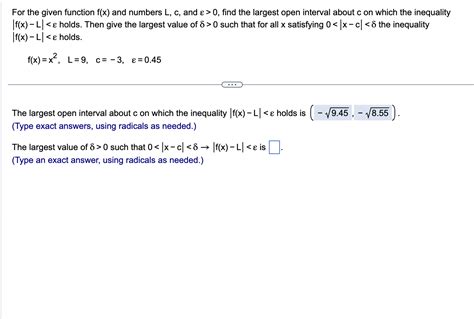 Solved For the given function f x and numbers L c and ε Chegg