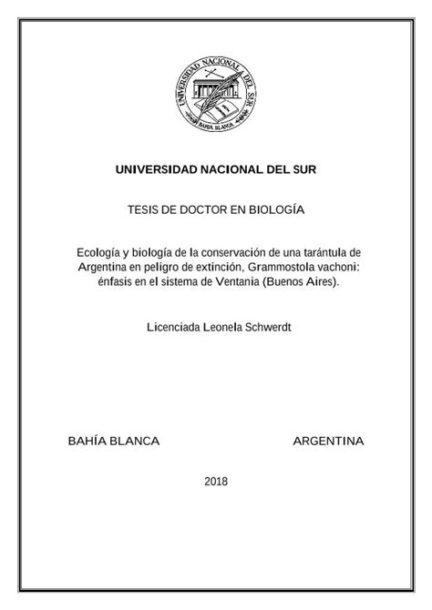 Ecología Y Biología De La Conservación De Una Tarántula De Argentina En