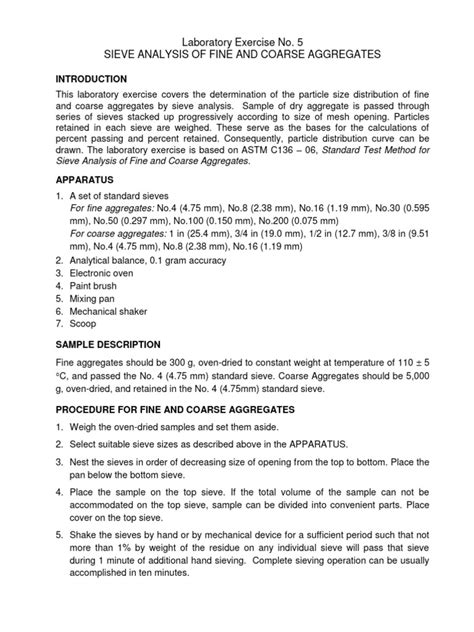 Labex No 5 Sieve Analysis Of Aggregates Pdf Chemistry Applied
