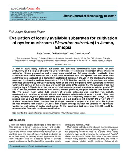Pdf Evaluation Of Locally Available Substrates For Cultivation Of Oyster Mushroom Pleurotus