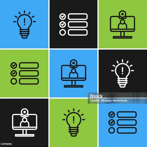 아이디어의 개념으로 라인 전구 화상 채팅 회의 및 작업 목록 아이콘을 설정하십시오 벡터 개념에 대한 스톡 벡터 아트 및 기타 이미지 개념 건강 검진 기자 회견