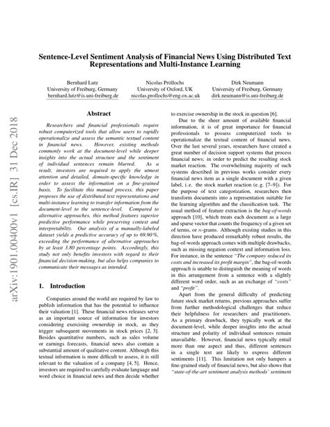 Pdf Sentence Level Sentiment Analysis Of Financial News Using Distributed Text Representations