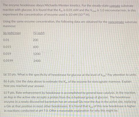 Solved The Enzyme Hexokinase Obeys Michaelis Menten