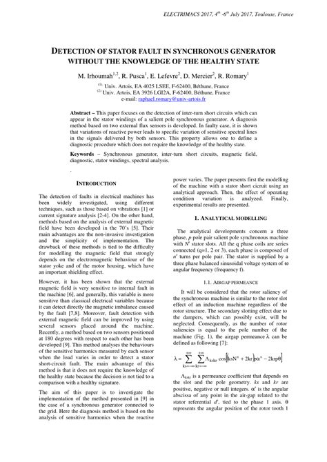Pdf Detection Of Stator Fault In Synchronous Generator Without The Knowledge Of The Healthy State