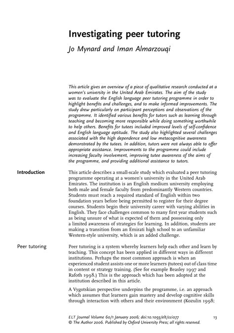 Pdf Investigating Peer Tutoring