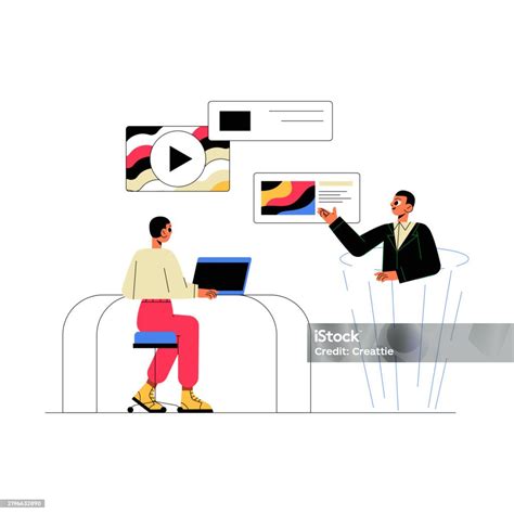 온라인 교육 원격 학습 및 디지털 교육을 상징하는 평면 벡터 일러스트 레이 션에서 홀로그램 강사와 함께하는 가상 수업 흰색 배경에 고립 된 개념에 대한 스톡 벡터 아트 및