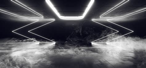 연기 안개 연기 안개 반사 방 네온 레이저 빛나는 흰색 Led 조명 화살표 모양 콘크리트 공상 과학 소설 미래 배경 빈 홀 차고 외계인 우주선 터널 3d 렌더링에 반영 0