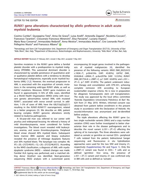 Pdf Runx1 Gene Alterations Characterized By Allelic Preference In Adult Acute Myeloid Leukemia
