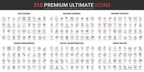 Science Digital Technology And Hightech Smart Devices Thin Line Red Black Icons Set For Mobile