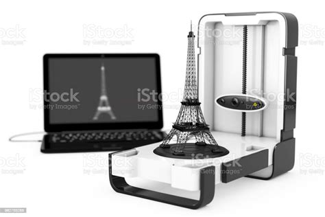 무료 서 있는 현대 데스크톱 홈의 3d 스캐너는 노트북 및 스캐닝 에펠 탑 개체에 연결 3 차원 렌더링 0명에 대한 스톡 사진