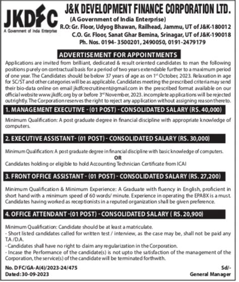 Jkdfc Jandk Development Finance Corporation Ltd Advertisement For Appointments 2023 Jk Job