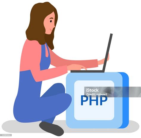 웹 사이트를 만들기 위해 Aptop으로 작업하는 여성 프로그래머 텍스트 Php로 프로그래밍 또는 코딩 Php 프로그래밍 언어에 대한 스톡 벡터 아트 및 기타 이미지 Istock