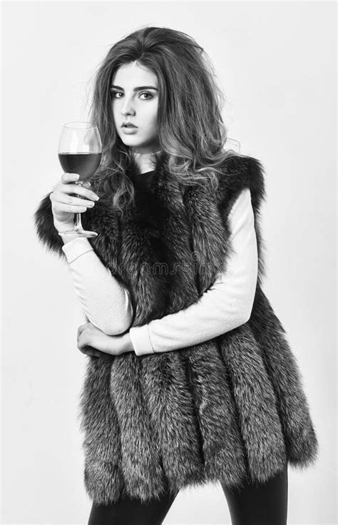 Luxury Winery Concept Fashion Model Long Hair Fur Coat Or Vest Hold Wineglass Fashionable Lady