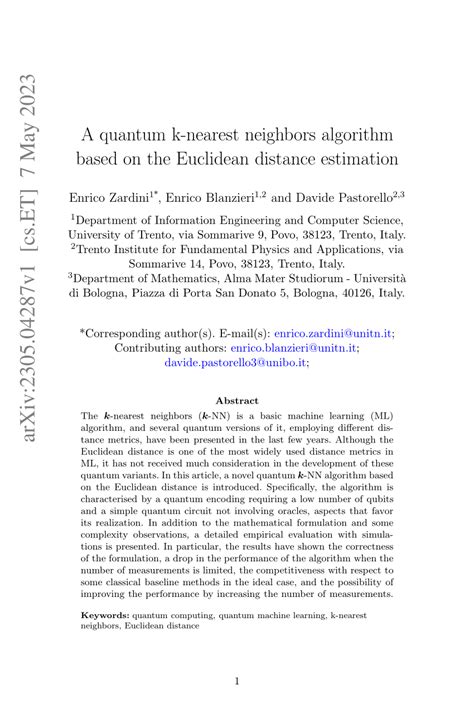 Pdf A Quantum K Nearest Neighbors Algorithm Based On The Euclidean