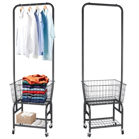 3 Tier Metal Rolling Laundry Cart With Hanging Bar Wheelorganizer Storage With Double Pole Rack
