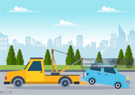 자동 견인 자동차 템플릿에서 길가 보조 서비스와 트럭을 사용하여 손으로 그린 만화 플랫 배경 일러스트 레이 션 견인에 대한 스톡 벡터 아트 및 기타 이미지 Istock