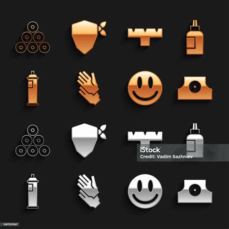 고무 장갑 페인트 구 아슈 항아리 염료 스프레이 캔 노즐 캡 웃는 얼굴 스프레이 마커 펜 부착 및 파손 아이콘을 설정합니다 벡터 검은색에 대한 스톡 벡터 아트 및 기타