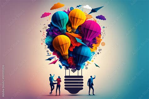 Illustration Of A Flying Balloon A Colorful Idea Light Bulb Lamp Visualization Of