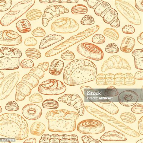 손으로 그린 베이커리 제품과 달콤한 파이 빵 완벽 한 패턴입니다 벡터 일러스트 레이 션 개체 그룹에 대한 스톡 벡터 아트 및