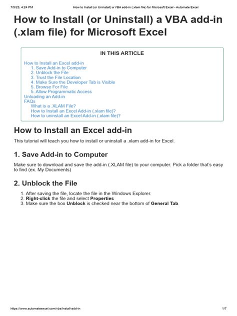 How To Install Or Uninstall A Vba Add In Xlam File For Microsoft Excel Automate Excel