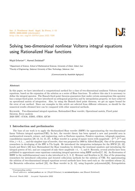 PDF Solving Two Dimensional Nonlinear Volterra Integral Equations Using Rationalized Haar