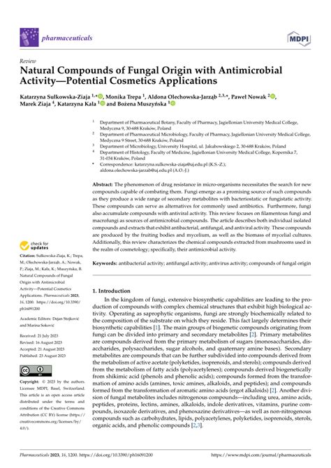 Pdf Natural Compounds Of Fungal Origin With Antimicrobial Activity—potential Cosmetics