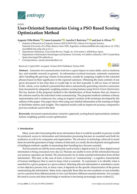 PDF User Oriented Summaries Using A PSO Based Scoring Optimization Method