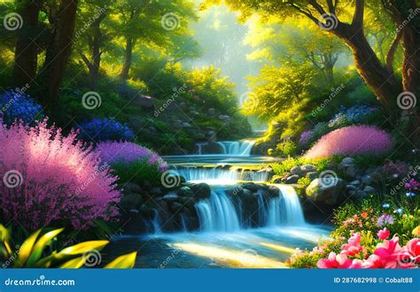 Paradise Landscape With Beautiful Gardens Waterfalls And Flowers
