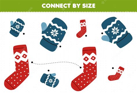 아이들을 위한 교육용 게임은 귀여운 만화 벙어리장갑과 양말 인쇄 가능한 겨울 워크시트의 크기로 연결됩니다 프리미엄 벡터