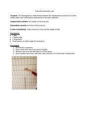 Unit 1 Kinematics Free Fall Kinematics Lab Docx Free Fall Kinematics Lab Purpose To