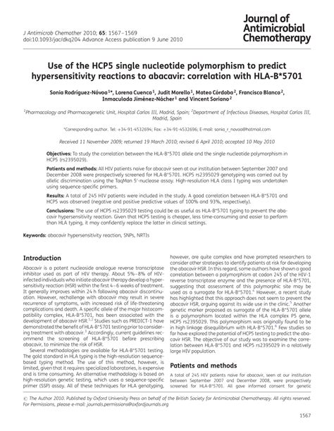 Pdf Use Of The Hcp5 Single Nucleotide Polymorphism To Predict