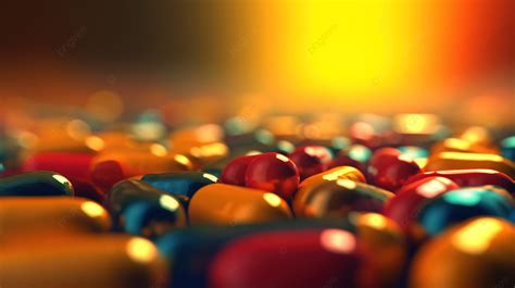 다채로운 알약 캡슐은 빛에 가까이 흐릿한 밝은 노란색 표면에 있는 밝은 색의 약 캡슐의 3d 그림 고화질 사진 사진 밝은 배경 일러스트 및 사진 무료 다운로드