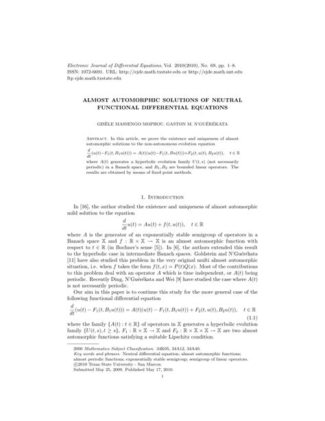 Pdf Almost Automorphic Solutions Of Neutral Functional Differential