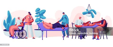 요양원에서 노인 장애인을 도와 주세요 휠체어 숙련 된 간호사 주거 건강 관리 물리 치료 서비스에 아픈 노인의 사회 복지사 커뮤니티 케어 만화 평면 벡터 일러스트 가정의 방에