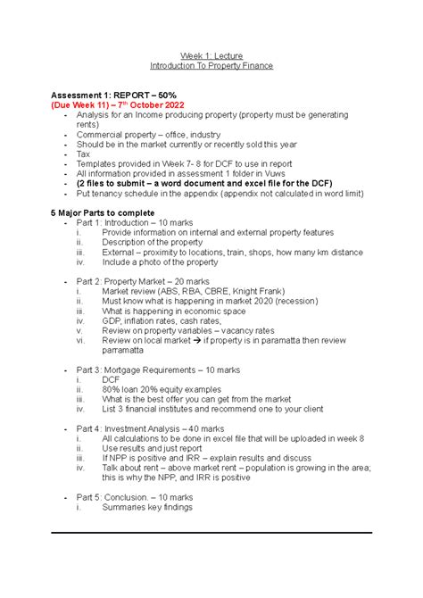 Week 1 Lecture Notes Week 1 Lecture Introduction To Property Finance Assessment 1 Report