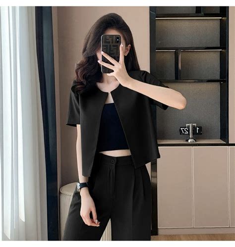 Mo 여성 재킷 테일러드 여자칼라리스 정장 여름 스타일 전문 레이디 직장 단추 없는 반팔 슈트 유행2 티몬