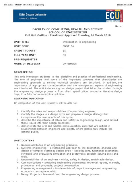 Unit Outline Ens1154 Introduction To Engineering Pdf Engineering Design Process Design