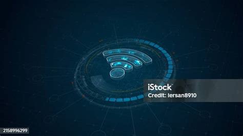 파란색 디지털 Wifi 로고 및 추상적인 배경에 데이터 전송 및 Wireless Fidelity 연결 개념이 있는 3d 원형