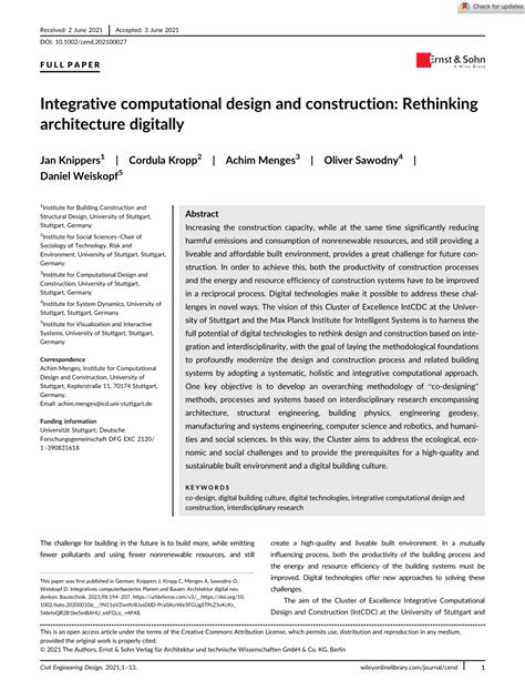 Pdf Integrative Computational Design And Construction Rethinking Architecture Digitally