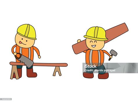 벡터를 그리는 아이들 통나무를 톱질하는 목수와 만화 스타일의 나무 판자를 들고 있는 다른 사람의 그림 건설 산업에 대한 스톡 벡터 아트 및 기타 이미지 Istock