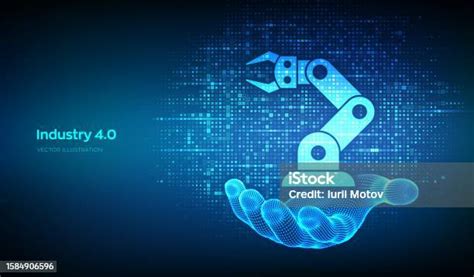 Smart Industry 40 Icon Made With Binary Code In Wireframe Hand Factory Automation Autonomous