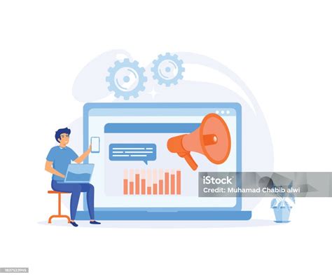 디지털 마케팅 및 홍보 그래프 차트를 분석하고 비즈니스 목표를 달성하기 위해 마케팅 전략을 계획하는 남자 캐릭터 플랫 벡터 현대