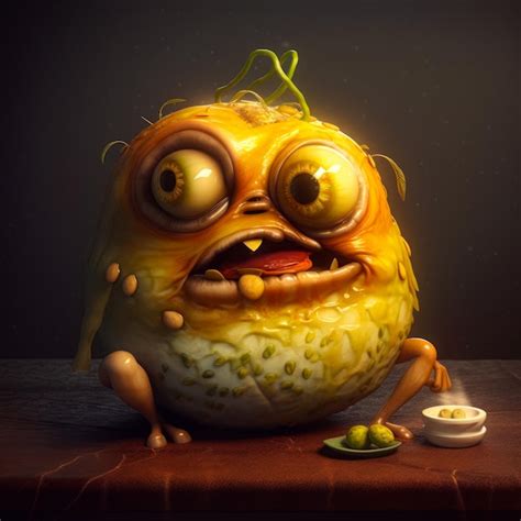 Premium Photo Freaky Bigeyed Ugly Monster Looking Aside Some Bowls Of