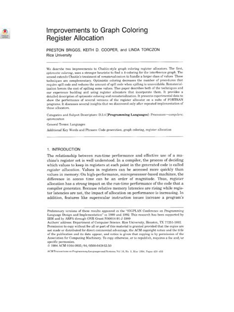 Improvements To Graph Coloring Register Allocation Pdf