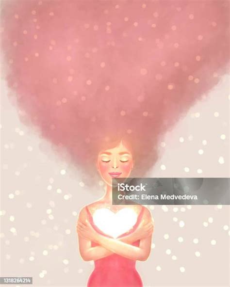 자기 사랑 자존심과 자기 수용 자존심 반짝이는 빛나는 마음과 귀여운 우아한 배경으로 자신을 껴안고있는 여성 텍스트 배치 자기애에 대한 스톡 벡터 아트 및 기타 이미지