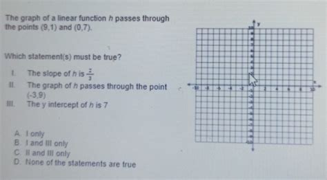 the graph of a linear function h passes through the points 9 1 and 0