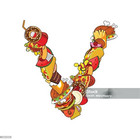 편지 V 식용입니다 알파벳 기호 식품의 개념 템플릿 요소 Abc 피드 요리 아이콘입니다 피자 고 타코입니다 도넛과 패스트 푸드 핫도그 그리고 쿠키입니다 구운된 터키 고 수