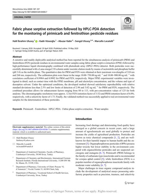 Fabric Phase Sorptive Extraction Followed By Hplc Pda Detection For The Monitoring Of Pirimicarb