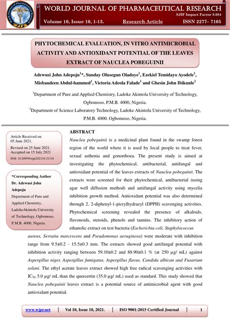 Pdf Phytochemical Evaluation In Vitro Antimicrobial Activity And