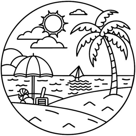 Premium Vector A Black And White Drawing Of A Beach Scene With A Palm